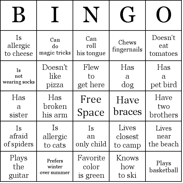Summer Camp Bingo Cards